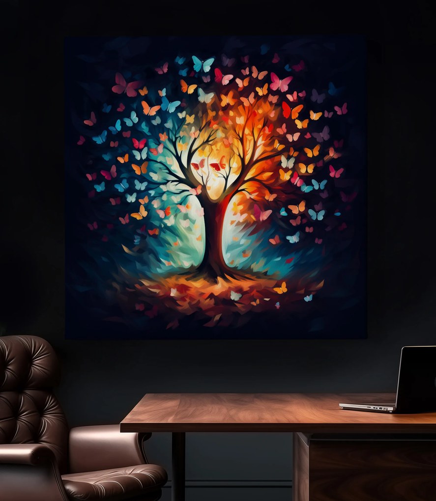 Obraz na plátně - Barevný motýlí strom života FeelHappy.cz Velikost obrazu: 100 x 100 cm