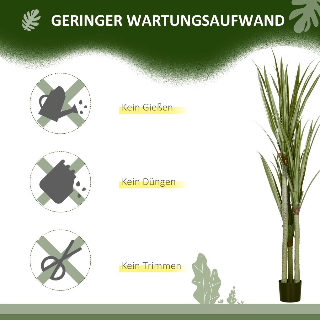 Umělá rostlina yucca HOMCOM v květináči 190 cm - 39 realistických listů pro dekoraci domova, obývacího pokoje, kanceláře a zahrady Ø17x190 cm Zelená