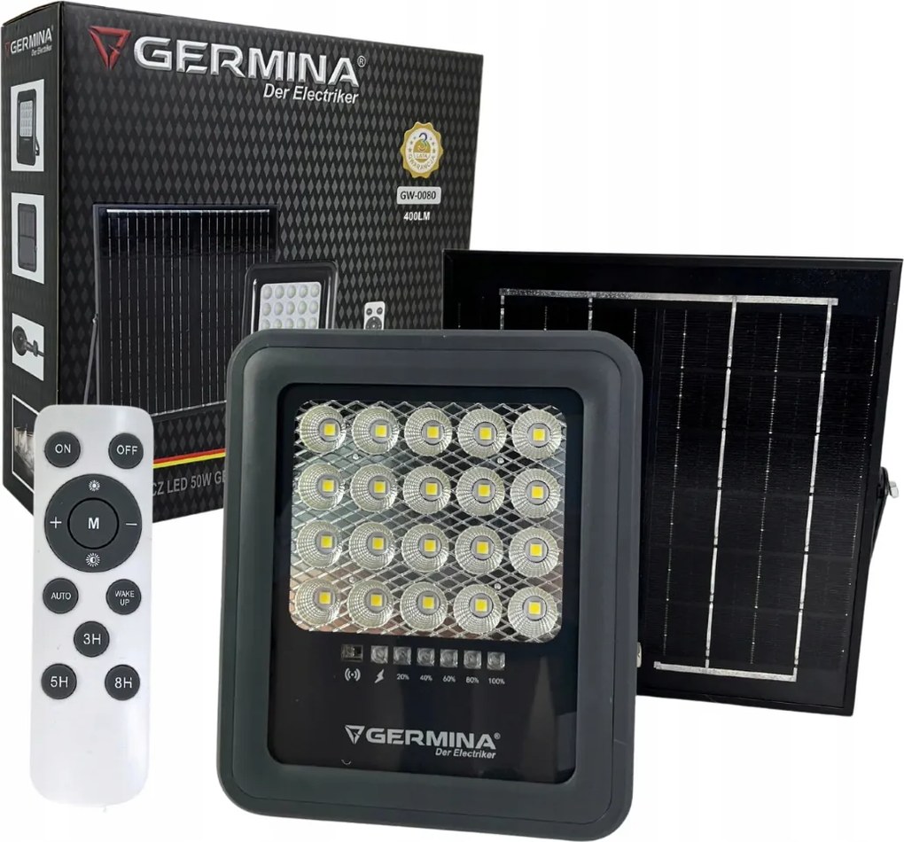 Solární Led zářič 50W b.studená 5000K 400lm Gemini dálkový ovladač IP65 Germina