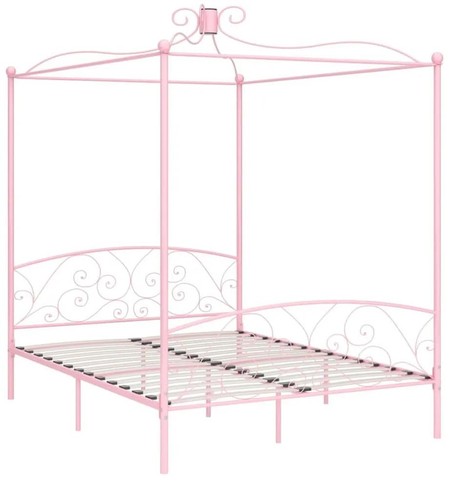 Petromila Rám postele s nebesy růžový kovový 160 x 200 cm