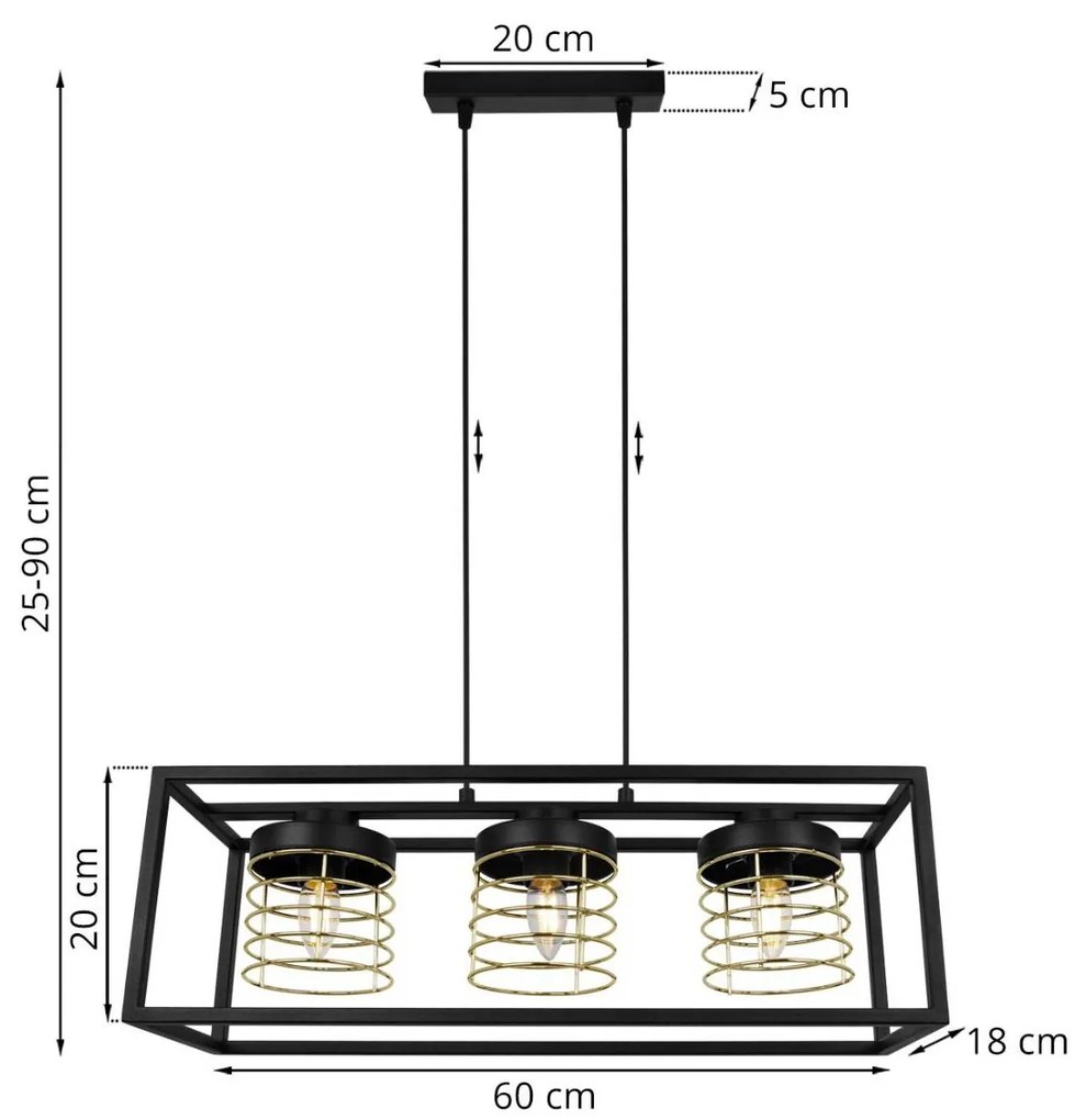 Závěsné svítidlo RASTI CAGE, 3x drátěné stínítko v kovovém rámu, G