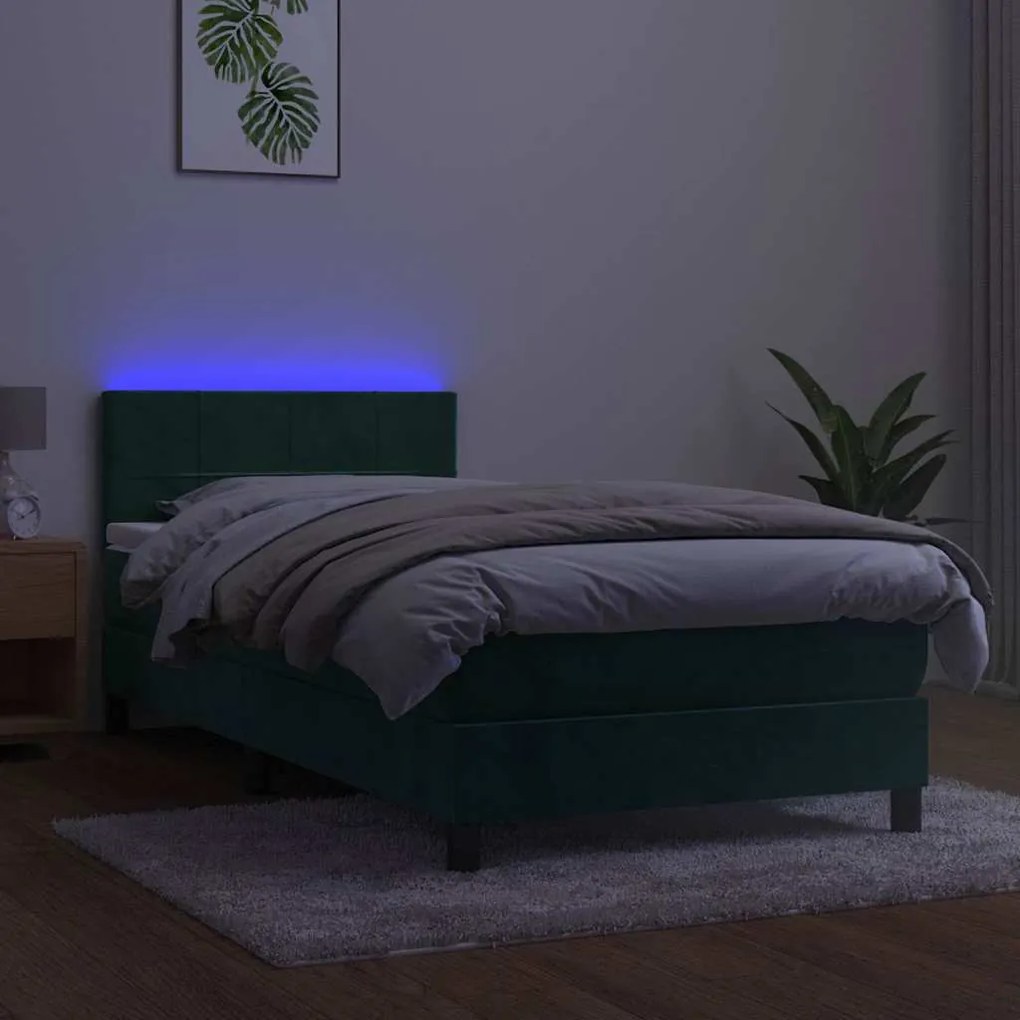 Box spring postel s matrací a LED tmavě zelená 90x200 cm samet 3134384