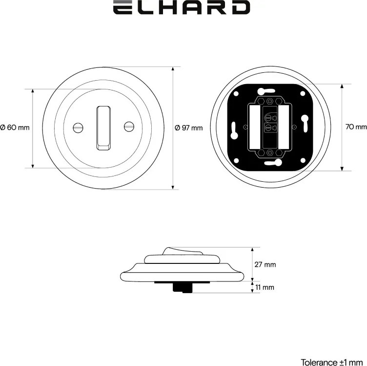 Elhard Kulatý keramický vypínač s kolébkou č.1, bílý KV1001W