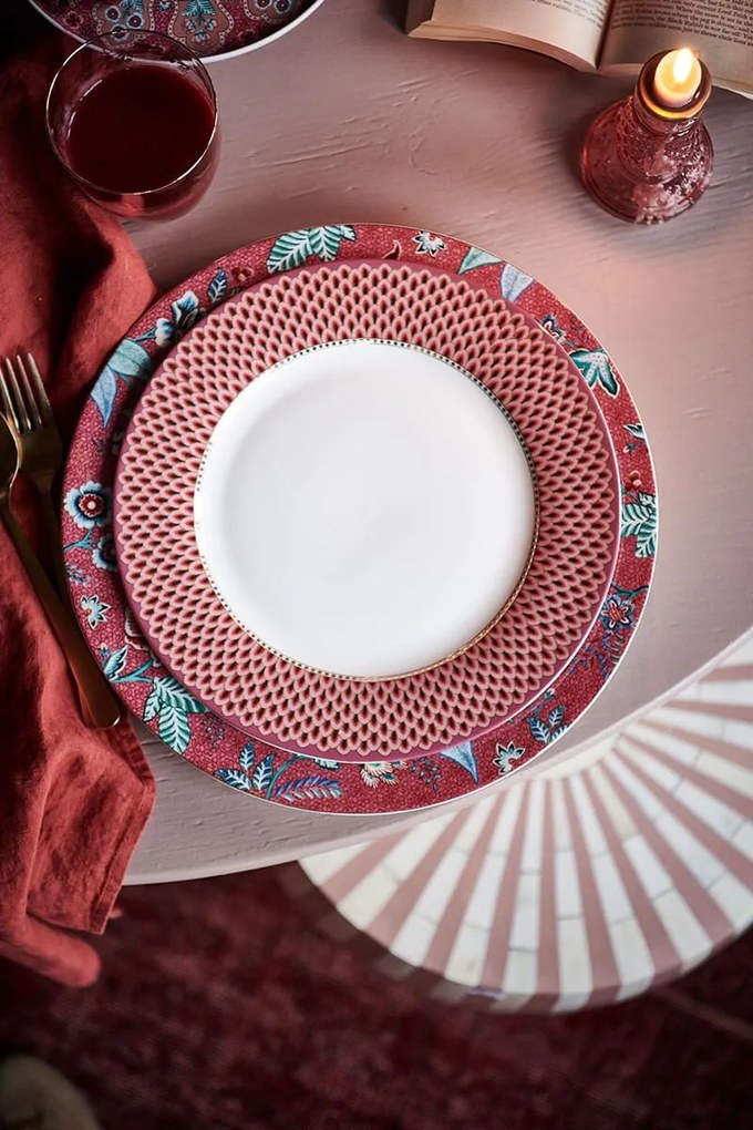 Pip Studio Flower Festival talíř Ø26,5cm, tmavě růžová (Holandský tenkostěnný porcelán, mělký velký talíř)