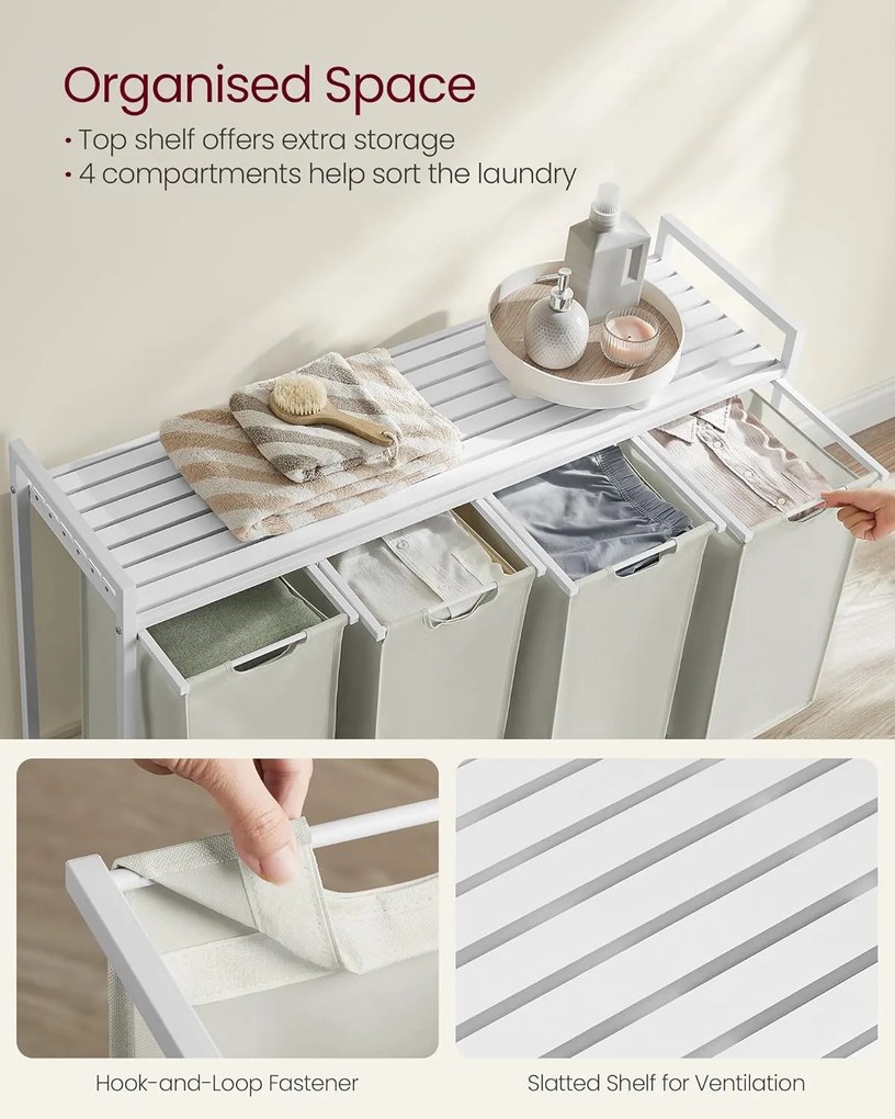 VASAGLE 4 přihrádky koš na prádlo 4 × 40 L, 116 × 33 × 72 cm, krémově bílý a matně bílý