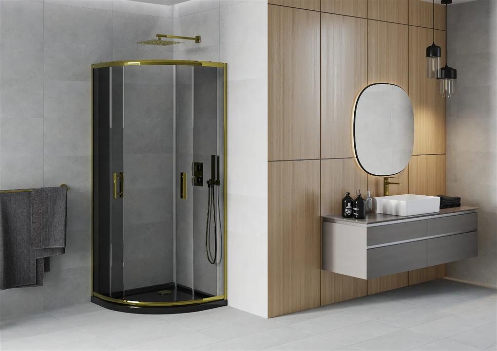Mexen Rio, čtvrtkruhový sprchový kout s posuvnými dveřmi 90 (dveře) x 90 (dveře) x 190 cm, 5mm šedé sklo, zlatý profil + černá sprchová vanička SLIM, 863-090-090-50-40-4170G