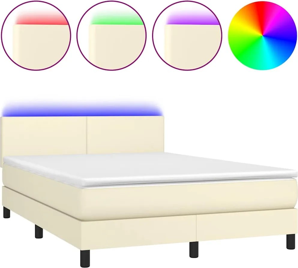 Box spring postel s matrací a LED krémová 140x200 cm umělá kůže 3134107
