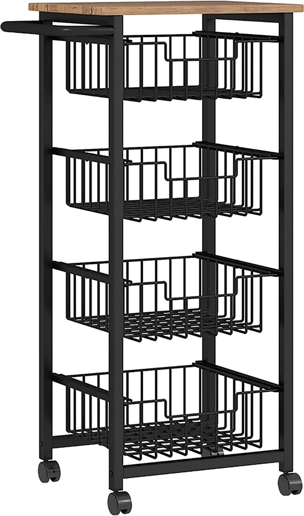 HOMCOM Kuchyňský vozík s pracovním stolem, 4 výsuvné ocelové koše, pojízdný vozík do kanceláře, 49,5 x 31 x 91 cm, Dub