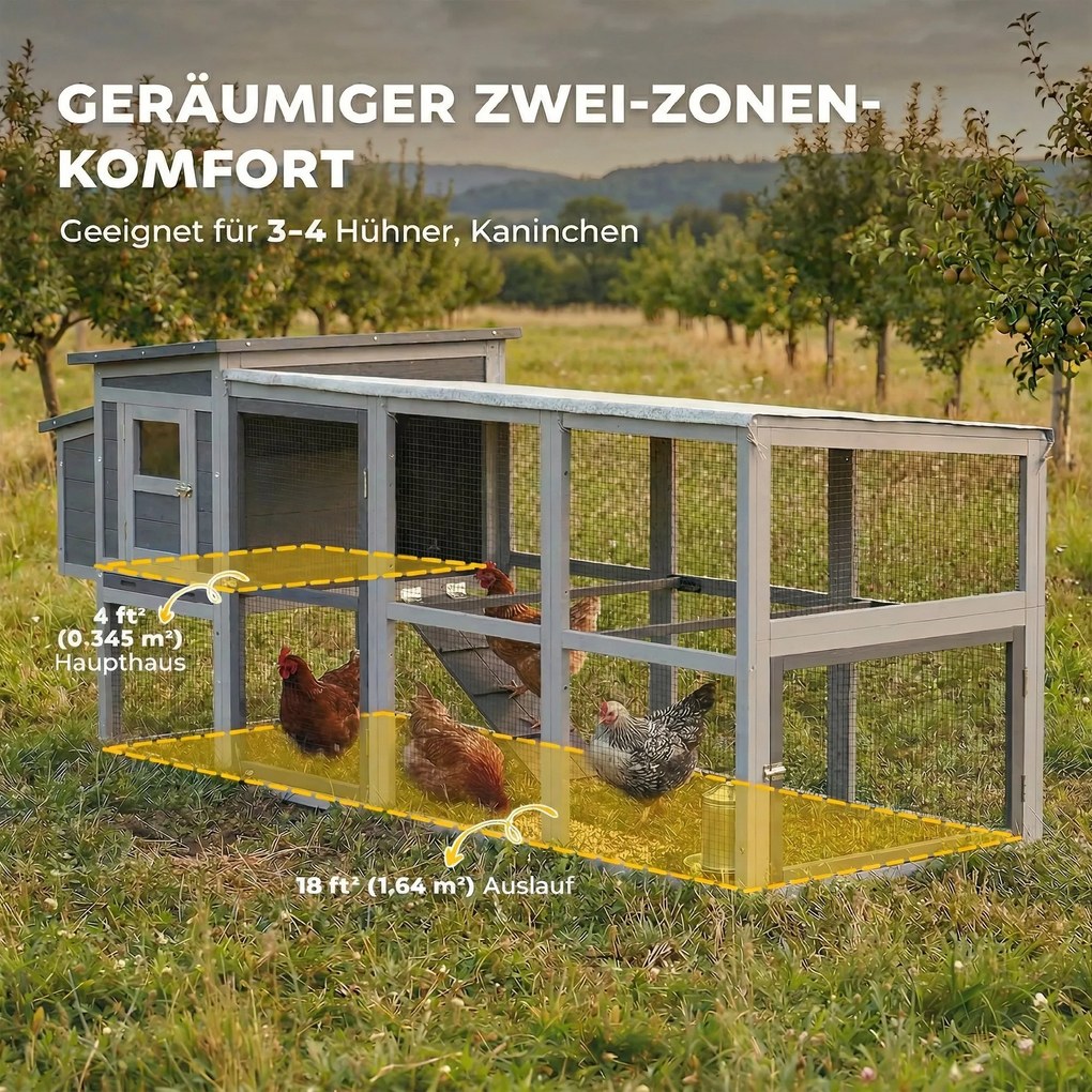 PawHut dřevěný kurník s výběhem pro 3–4 nosnice, 264 x 82 x 89 cm — asfaltová střecha, potah z Oxford tkaniny, hnízdní box, bidýlka, výsuvný podnos —…
