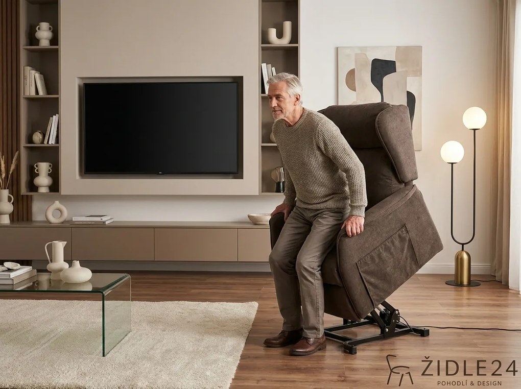 Elektrické polohovací TV křeslo ušák FINN - hnědá látka