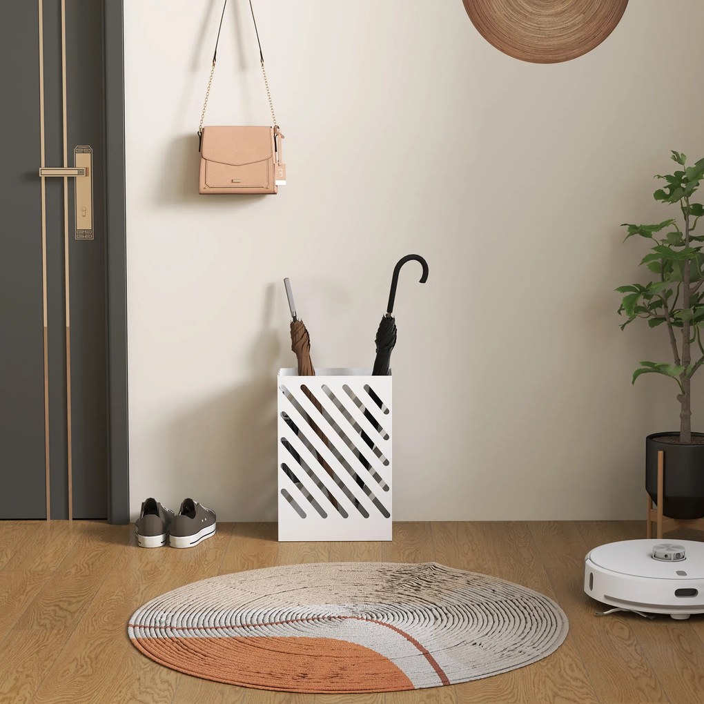 HOMCOM Stojan na deštníky s odkapávací miskou, 4 háčky, ocel, 28L x 14W x 41H cm, bílý