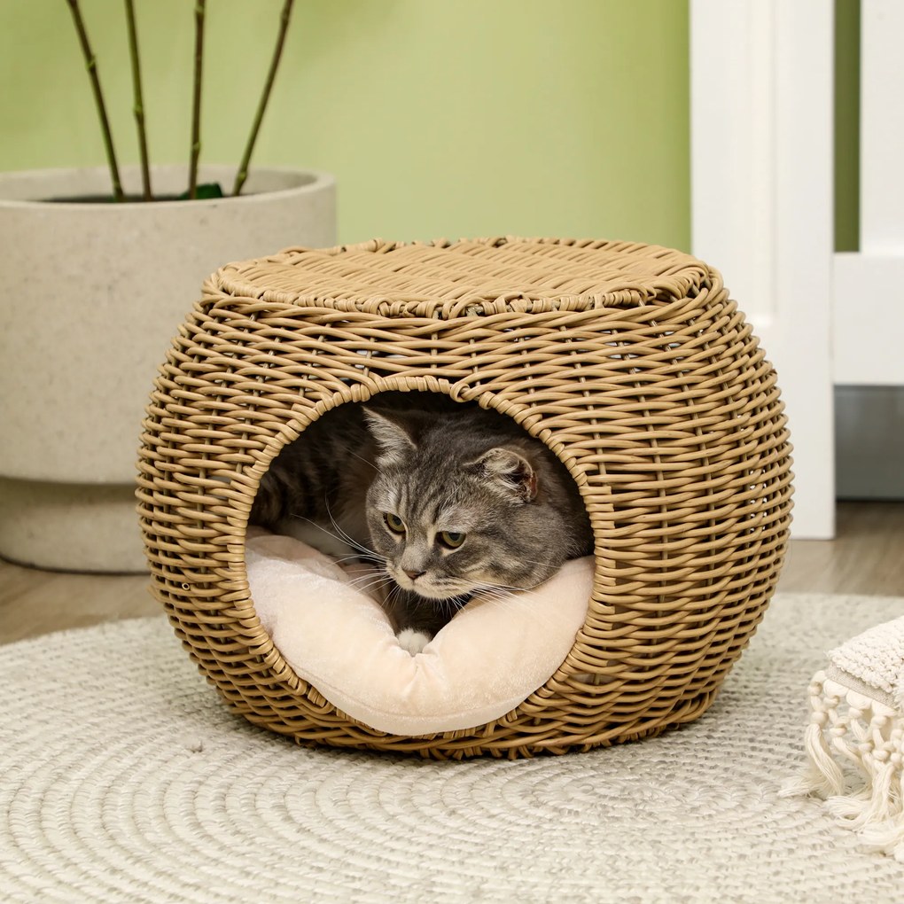 PawHut Kočka Dům Postel Kočičí Košík Dům v Obřím Střihu z Rattanu s Měkkým Polštářem Ø 40 x 30 cm světle hnědý