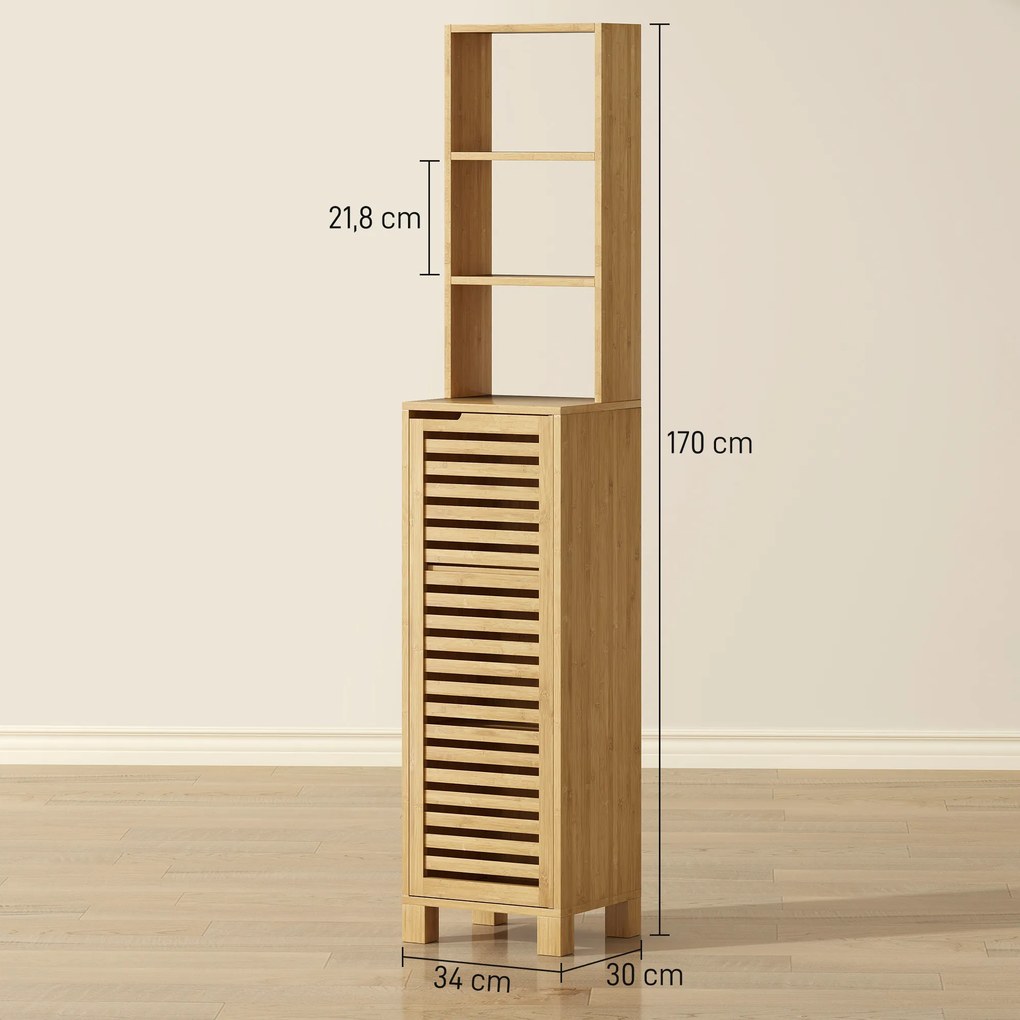 HOMCOM Úzká koupelnová skříňka, vysoká skříňka se 3 otevřenými policemi, nastavitelnými policemi, lamelovými dveřmi, 34 x 30 x 170 cm, přírodní