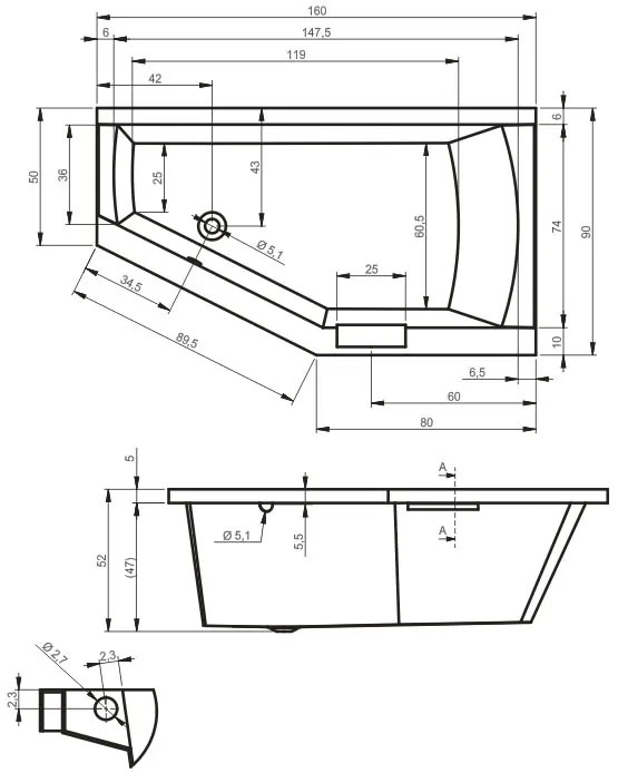 Riho Geta vana 160 x 90 levá BA87