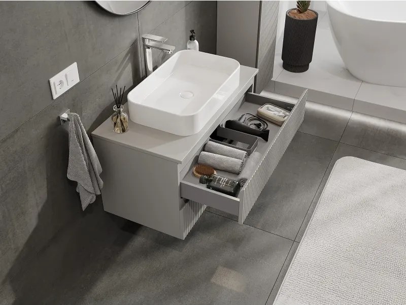 Mexen Rivel, koupelnová skříňka 90 cm s pracovní deskou, 2 zásuvky, drážkovaná, matná šedá, 91A20-09047-2-BFFC62