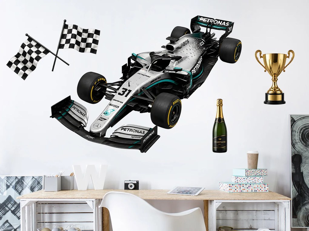 Stříbrnočerná formule F1 sportovní samolepky na zeď arch 130 x 93 cm