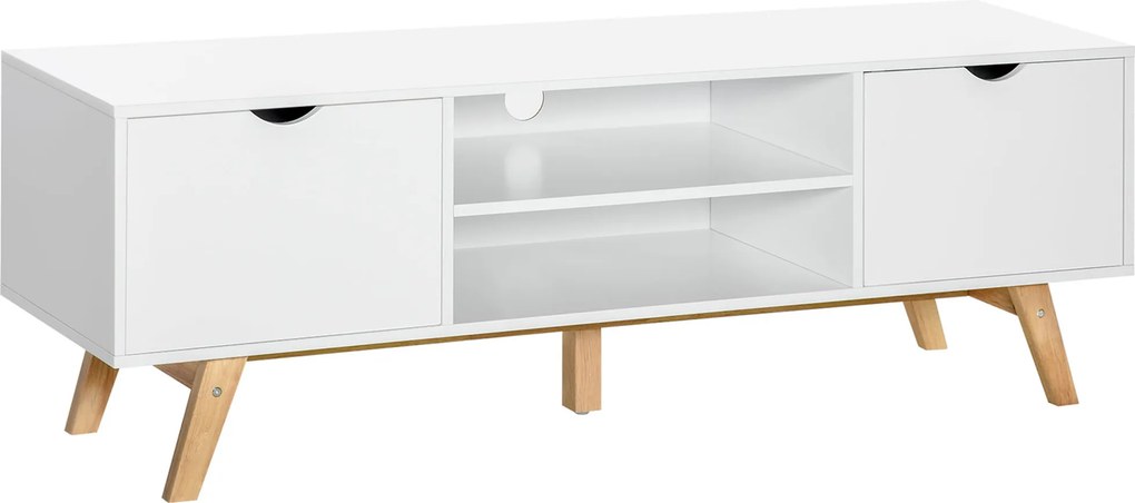 HOMCOM Moderní TV Stolek pro Televize do 65 palců s 2 Dveřmi, 2 Otevřenými Policemi a Dřevěnými Nohami 150x39x50 cm Bílý