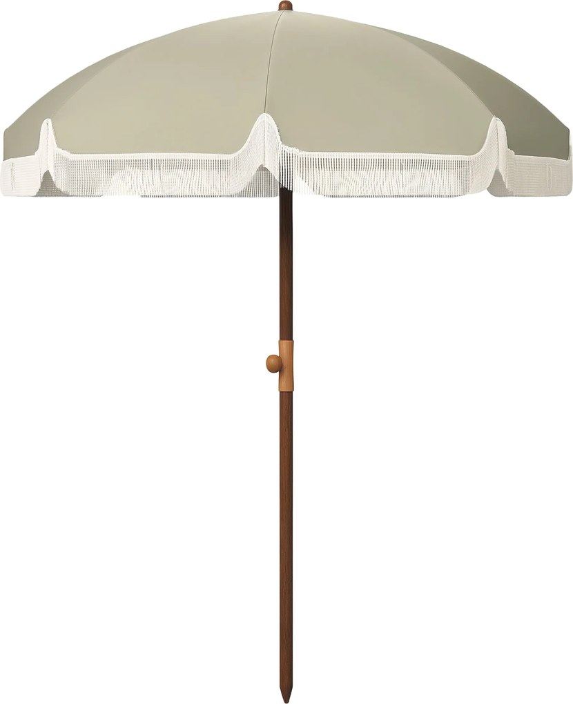Velký slunečník Outsunny s třásněmi Ø190 cm, venkovní terasový slunečník s UV40+ ochranou, odolný proti větru, vodotěsný, 32 mm tyč a světle olivově z