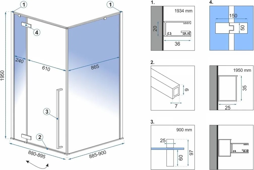 Rea Fargo, sprchový kout s křídlovými dveřmi 90 (dveře) x 90 (stěna) x 195 cm, 6mm čiré sklo, černý profil + bílá sprchová vanička Savoy, KPL-K6318