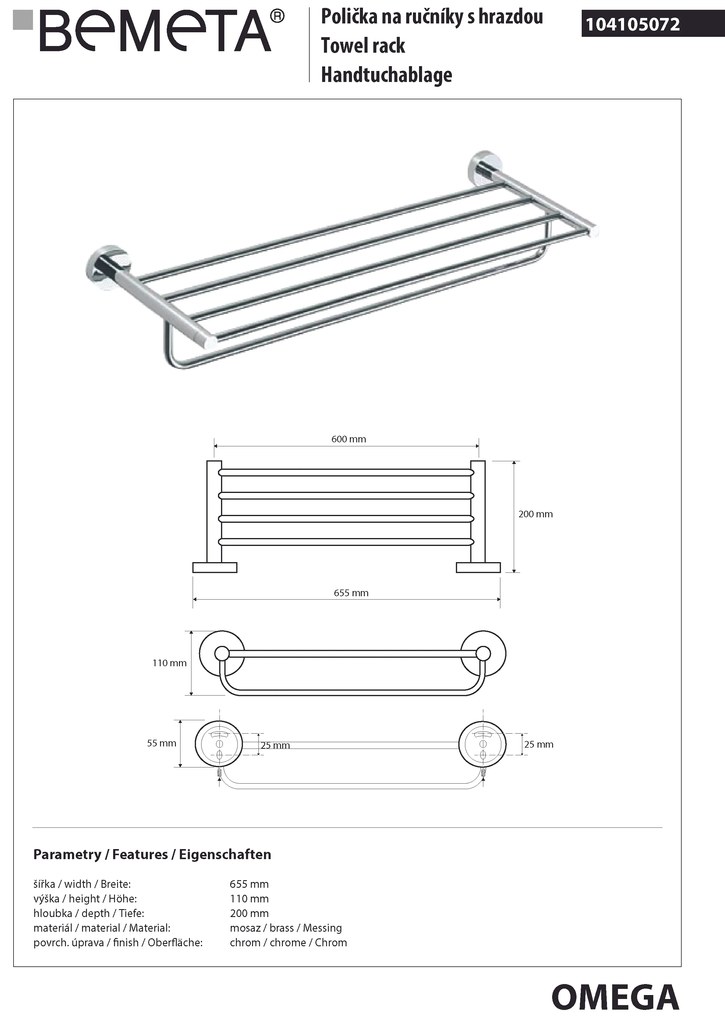 Bemeta Design OMEGA: Držák ručníků, 600 mm, s hrazdou -