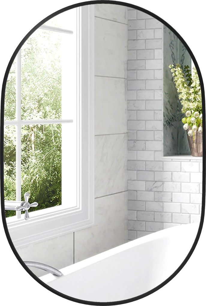 HOMCOM Oválné Koupelnové Zrcadlo 60x90cm z Tepelného Skla, Moderní Nástěnné Zrcadlo s Hliníkovým Rámem, Vertikální/Horizontální Montáž, pro Ložnici, P
