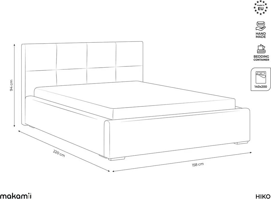 Světle šedá sametová čalouněná dvoulůžková postel s úložným prostorem s roštem 140x200 cm Hiko – Makamii