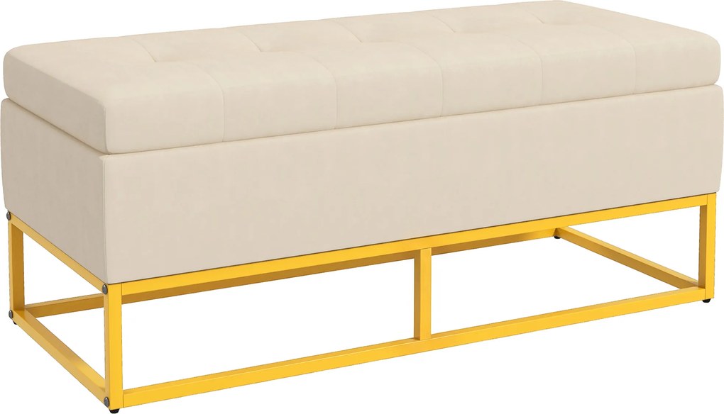 HOMCOM Lavice s úložným prostorem Čalouněná lavice s výklopným víkem v béžovém sametovém vzhledu Lavice s ocelovými nohami 110x44x49 cm do předsíně o…