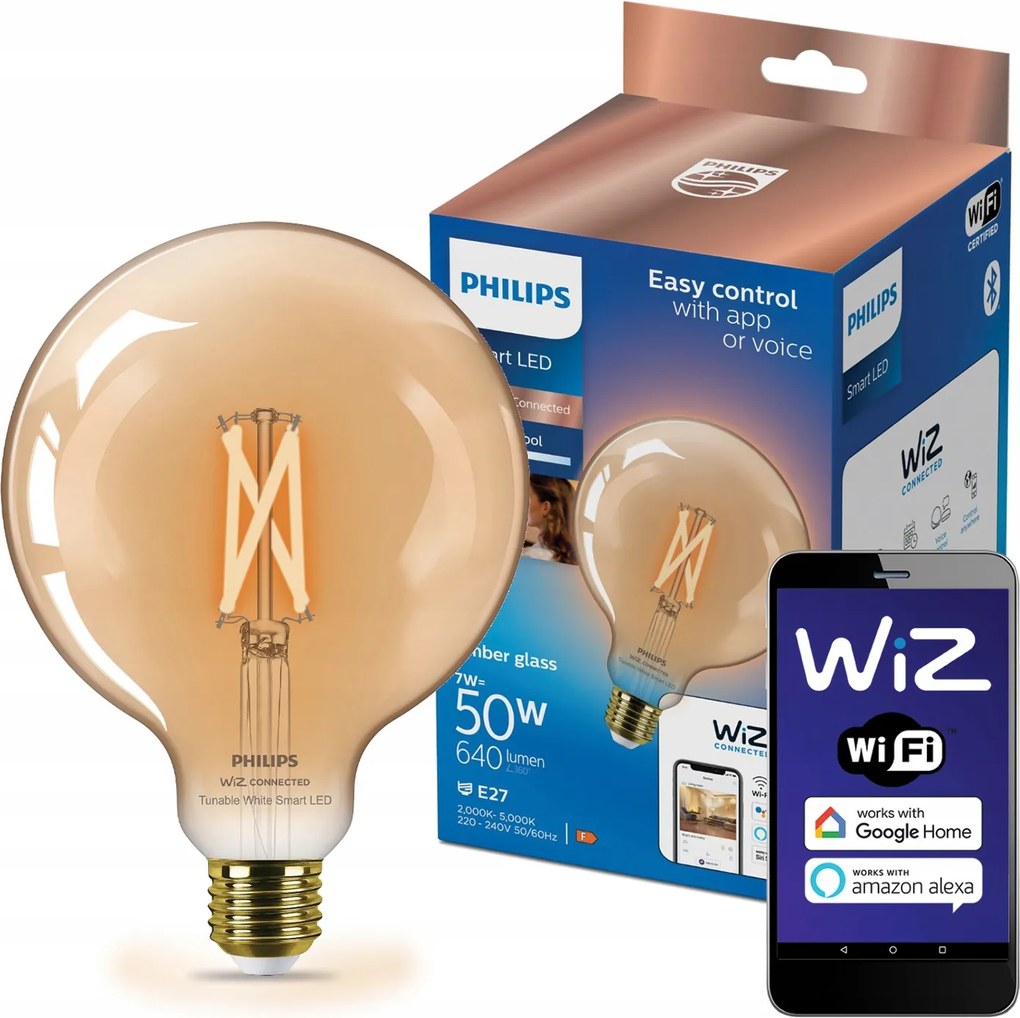 Led žárovka E27 Globe G125 7W Filament Jantarová Smart WiFi WiZ Philips