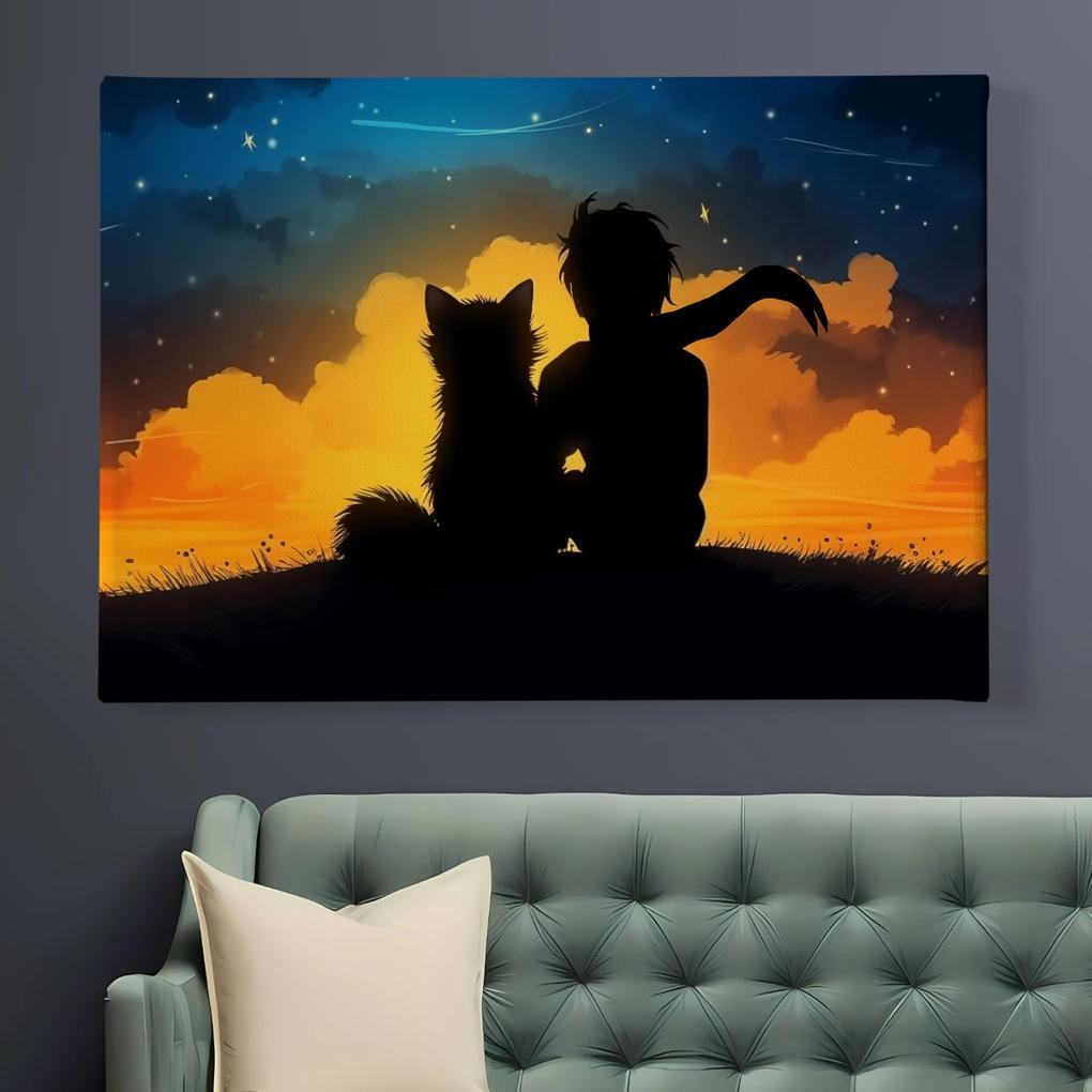 Obraz na plátně - Malý princ a liška pozorují nádherný západ slunce (siluety) FeelHappy.cz Velikost obrazu: 60 x 40 cm