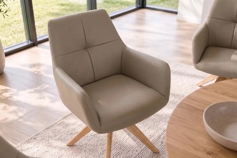 Designová otočná židle Devassy taupe kůže / dub