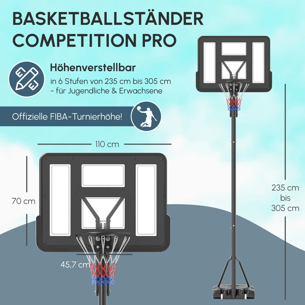 SPORTNOW basketbalový koš venkovní, nastavitelná výška koše 230-305 cm, basketbalový stojan s nerozbitnou zadní stěnou 110 x 75 cm s kolečky, odpruže…