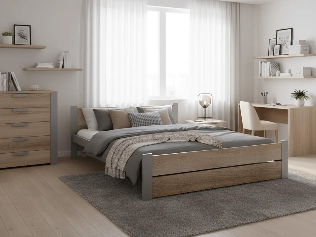 Postel IKAROS DOUBLE 180 x 200 cm, dub sonoma/šedá Matrace: Matrace Deluxe 10 cm, Rošt: S lamelovým roštem