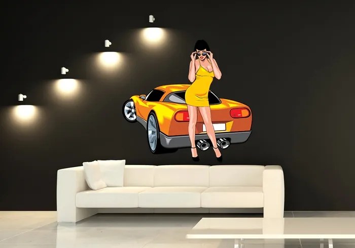 Xdecor Dívka u auta 3 (60 x 56 cm) - Barevná samolepka na zeď