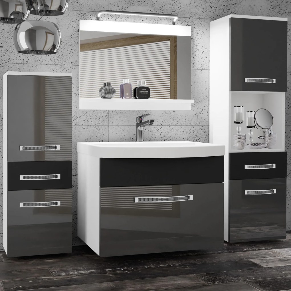 Koupelnový nábytek Belini Premium Full Version šedý lesk / černý mat + umyvadlo + zrcadlo + LED osvětlení Glamour 89