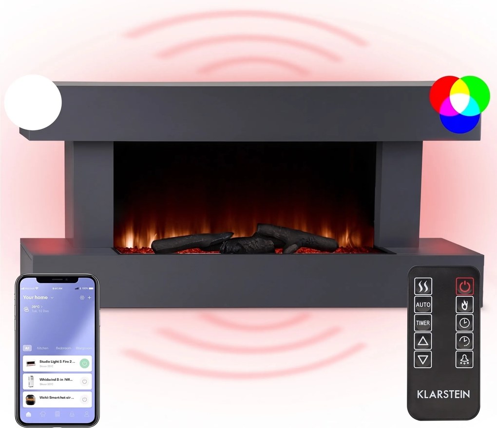 Klarstein Studio Light & Fire 1 Smart, elektrický krb, 1000/2000 W, MDF, WiFi Control