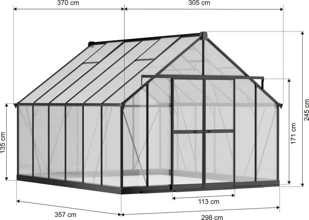 Skleník 245 x 305 x 370 cm, zesílená konstrukce, polykarbonát 6 mm