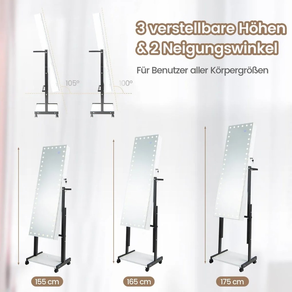Costway Šperkovnice s kolečky Zrcadlová skříňka 4 v 1 s 3 barevnými LED světly