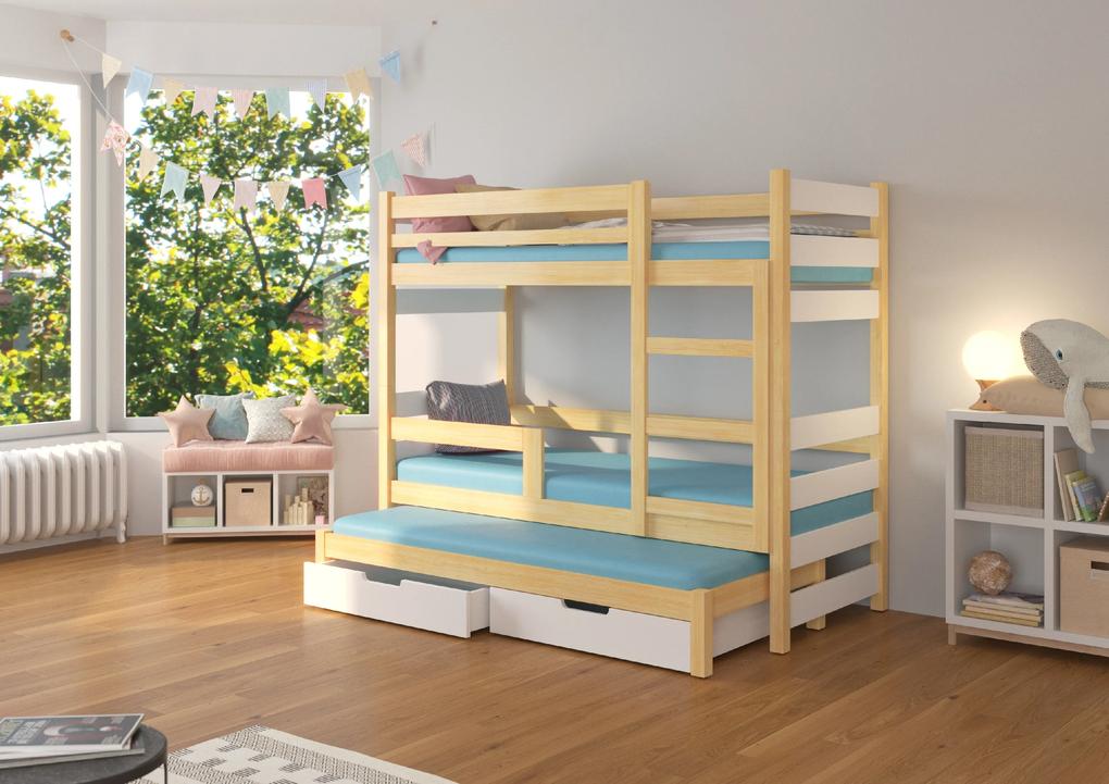 Patrová postel pro tři osoby s matracemi KARLO Hlavní barva: Pine, Další barva: Šedá