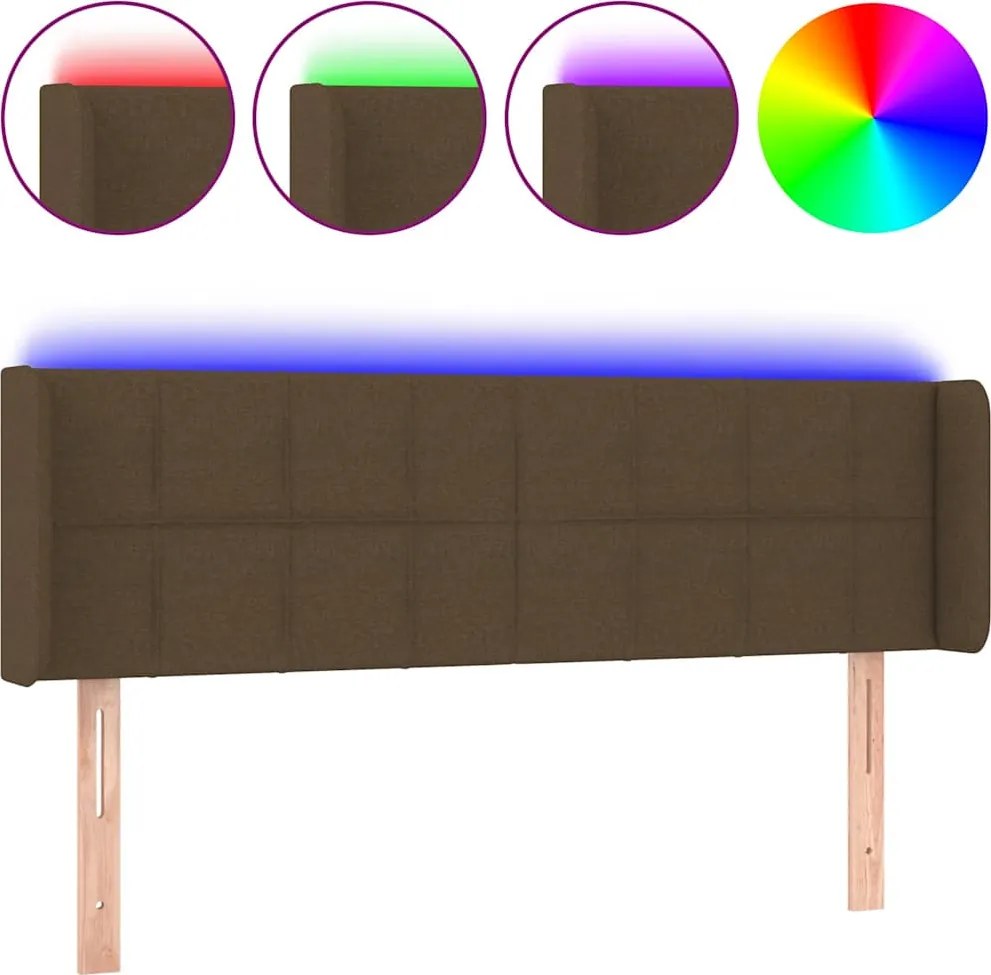 Čelo postele s LED tmavě hnědé 147 x 16 x 78/88 cm textil 3123237