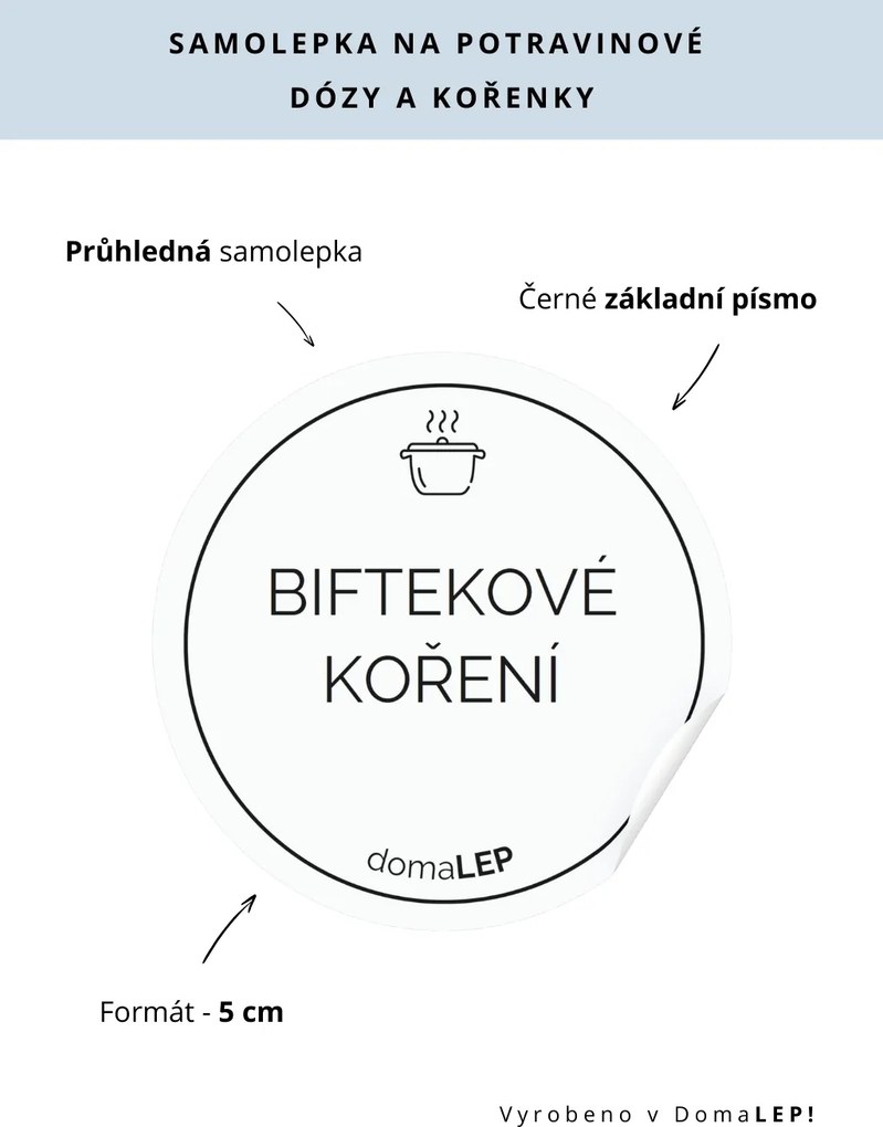 Samolepka na kořenky BIFTEKOVÉ KOŘENÍ průhledná 5 cm základní písmo