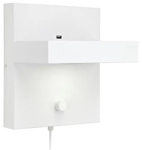 Bílá nástěnná lampa s poličkou a USB nabíjecí stanicí Markslöjd Kubik