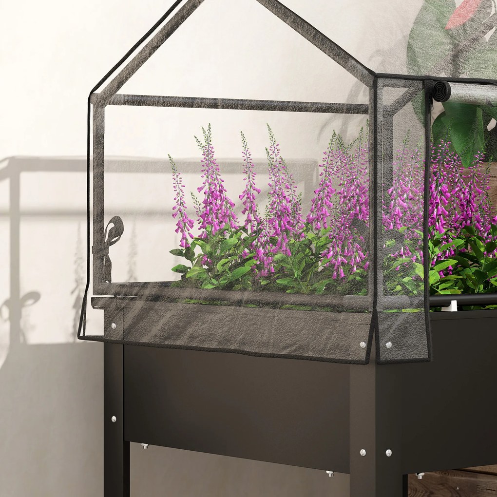 Outsunny Zvýšený záhon se střechou skleníku, vyvýšený truhlík na rostliny s drenážními otvory, 60 x 120 cm, černý