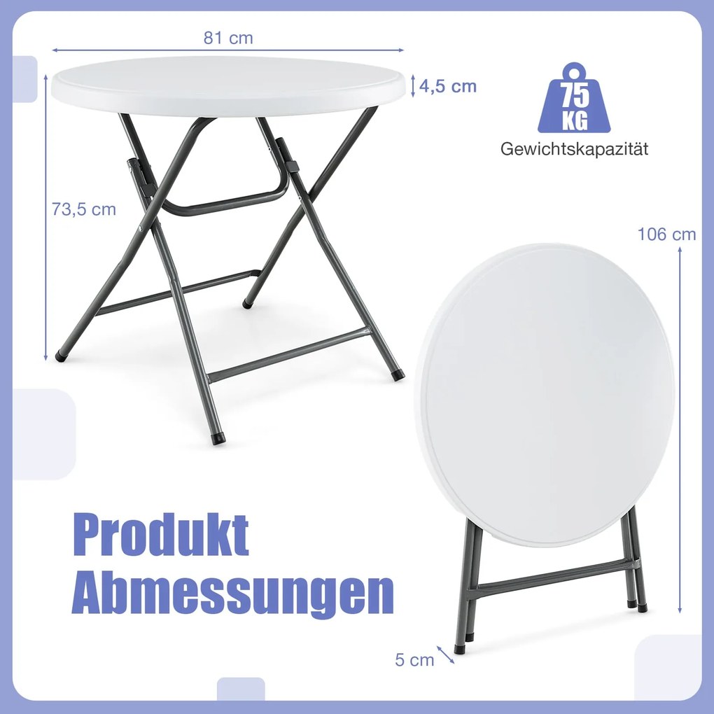 Costway 81 cm kulatý skládací stůl s vyztuženou HDPE deskou stolu robustní