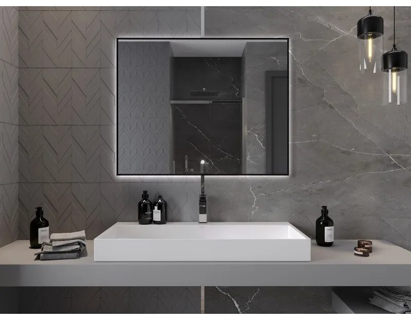 Mexen Erma, LED koupelnové zrcadlo s podsvícením a černým rámem 100x80 cm, 6000K, ochrana proti zamlžování, 9814-100-080-611-70