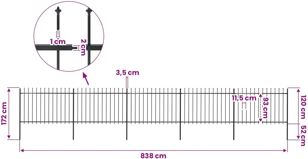 Zahradní plot s kopím nahoře ocelový 838 x 120 cm černý 277624
