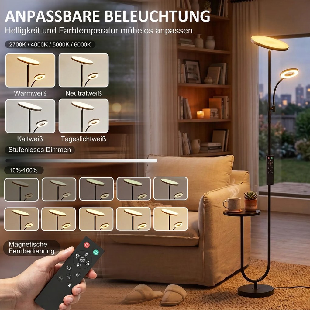 HOMCOM LED stropní reflektor s odkládacím stolkem a čtecí lampou, stmívatelná stojací lampa s dálkovým ovládáním, 4 barevné teploty
