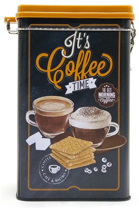 Plechová dóza It‘s Coffee Time, 500 g – černá, matný povrch, s kávovým motivem, s patentním uzávěrem, na kávu, bylinky, těstoviny a drobnosti