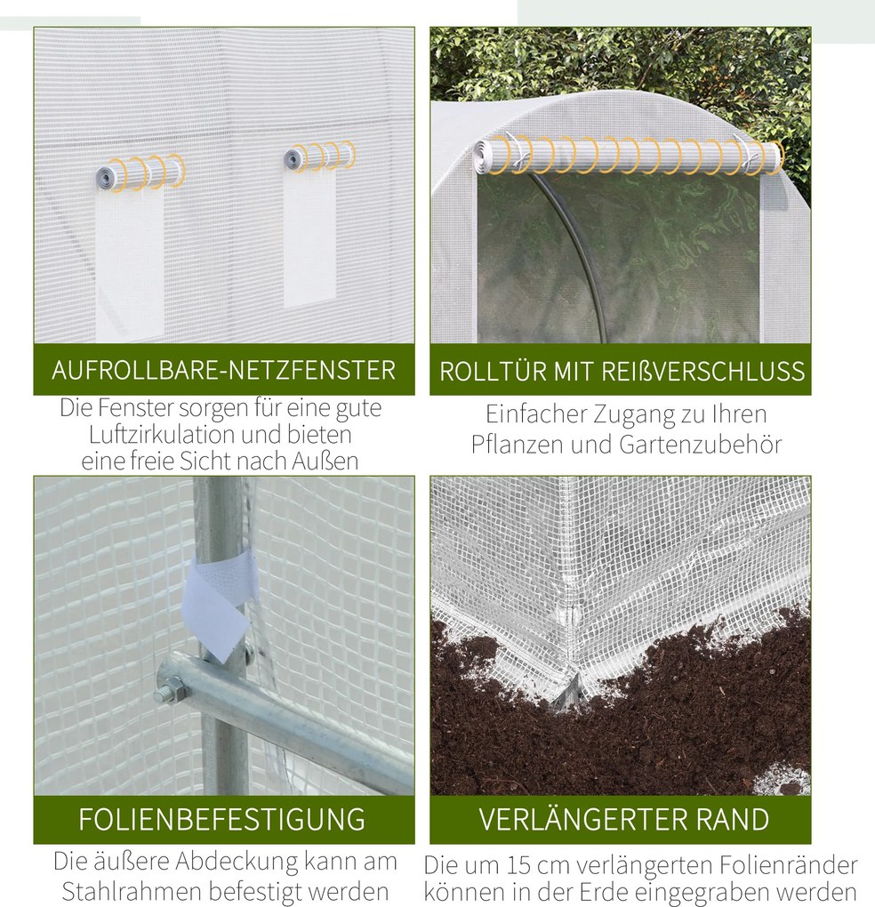 Outsunny Zahradní Skleník 3,5x2x2 m Tunelový Skleník s 6 Okny z Tkaniny a Zipovým Vchodem, UV-Odolný Skleník pro Terasu nebo Zahradu Bílý