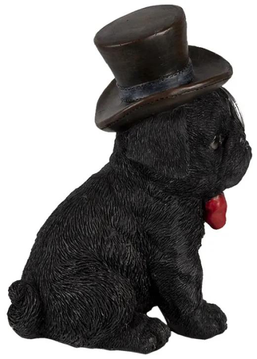 Dekorativní soška černého psa s lupou a kloboukem – 13x9x17 cm