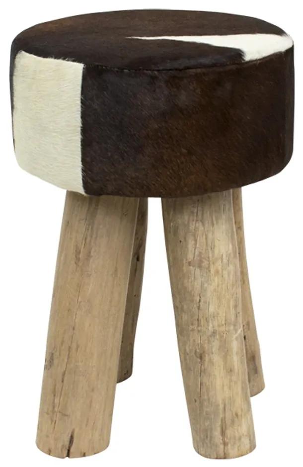 Dřevěná stolička s kulatým koženým sedákem hnědá/bílá - Ø 30*45cm